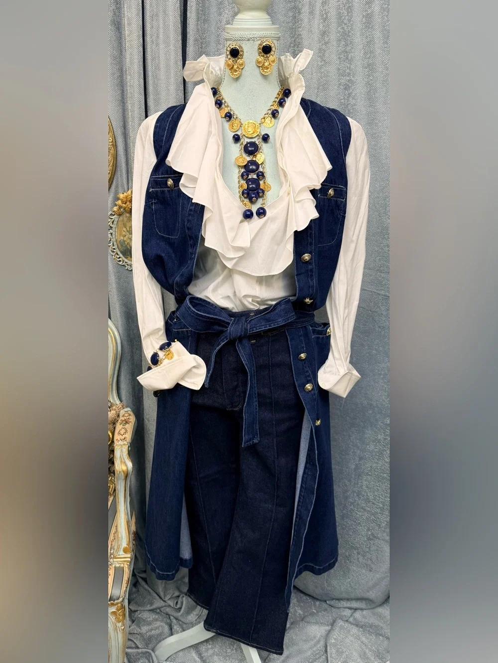 Zoe And Claire | Dresses | Navy Denim Long Dresscoat Gold Button | Poshmark